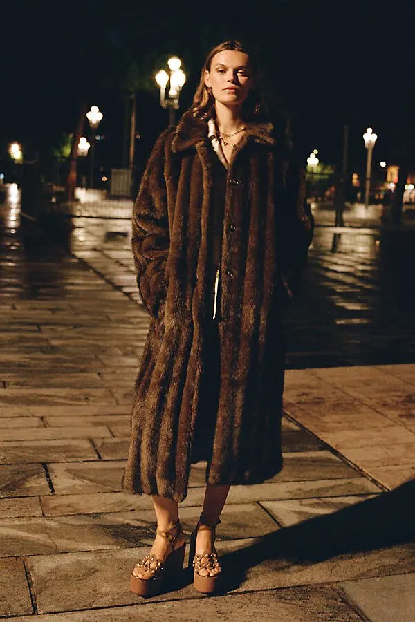 Maeve Faux Fur Channeled Long Coat - Mink Brown | Editorialist